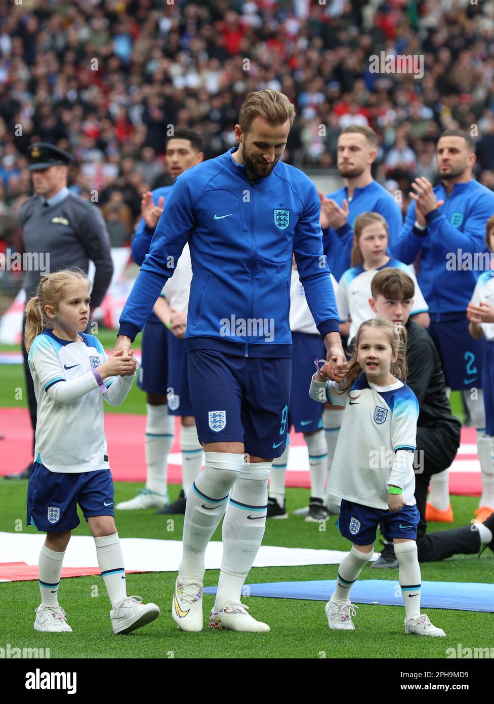 Harry Kane of England with Children, Vivienne Jane Kane and Ivy Jane Kane prior to kick off ...
