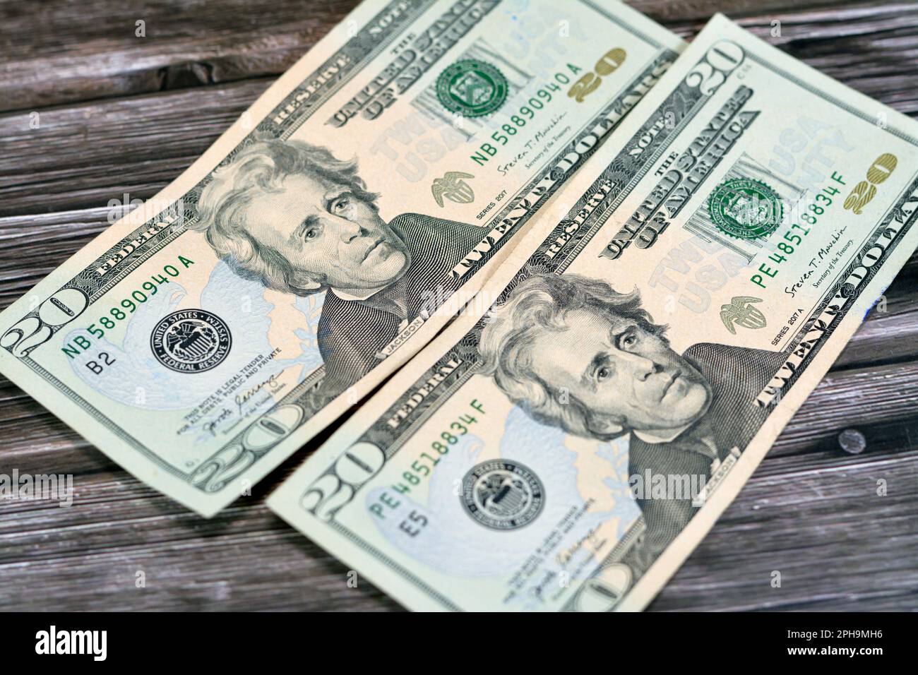 Obverse sides of 20 dollars portrait, twenty American dollars banknote ...