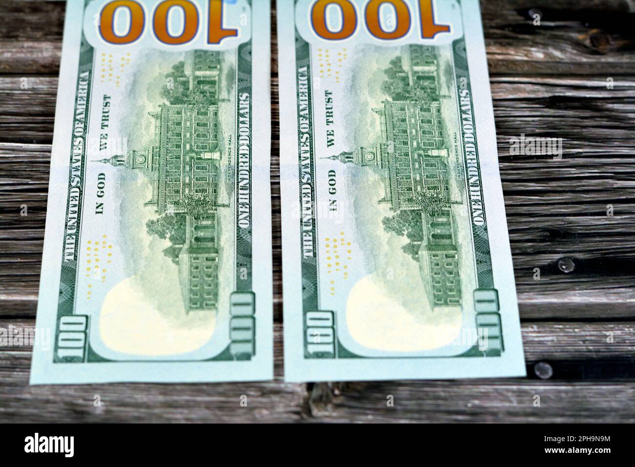 Reverse side of 100 one hundred dollars bill banknote with the image of ...