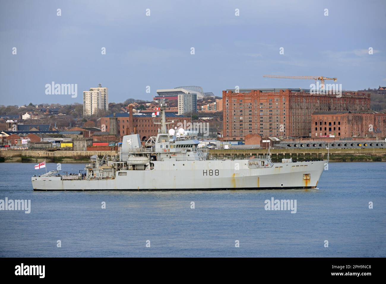 HMS ENTERPRISE in the RIVER MERSEY passing the Stanley Dock Tobacco ...