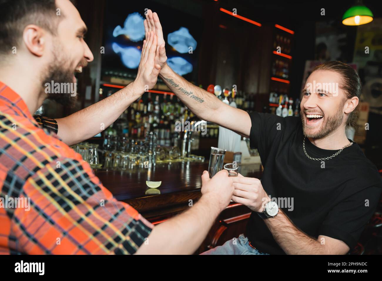 Positive bearded friends giving high five and clinking tequila in bar ...