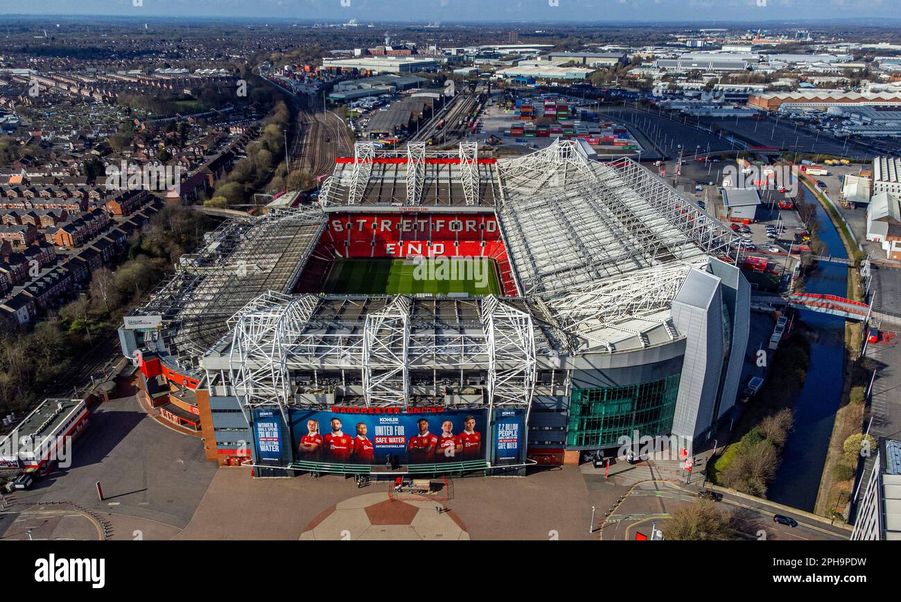 A general aerial view of Old Trafford stadium, home of Manchester ...