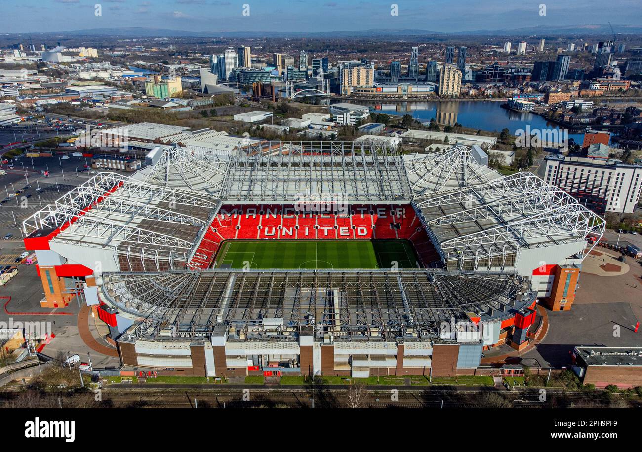 A general aerial view of Old Trafford stadium, home of Manchester ...