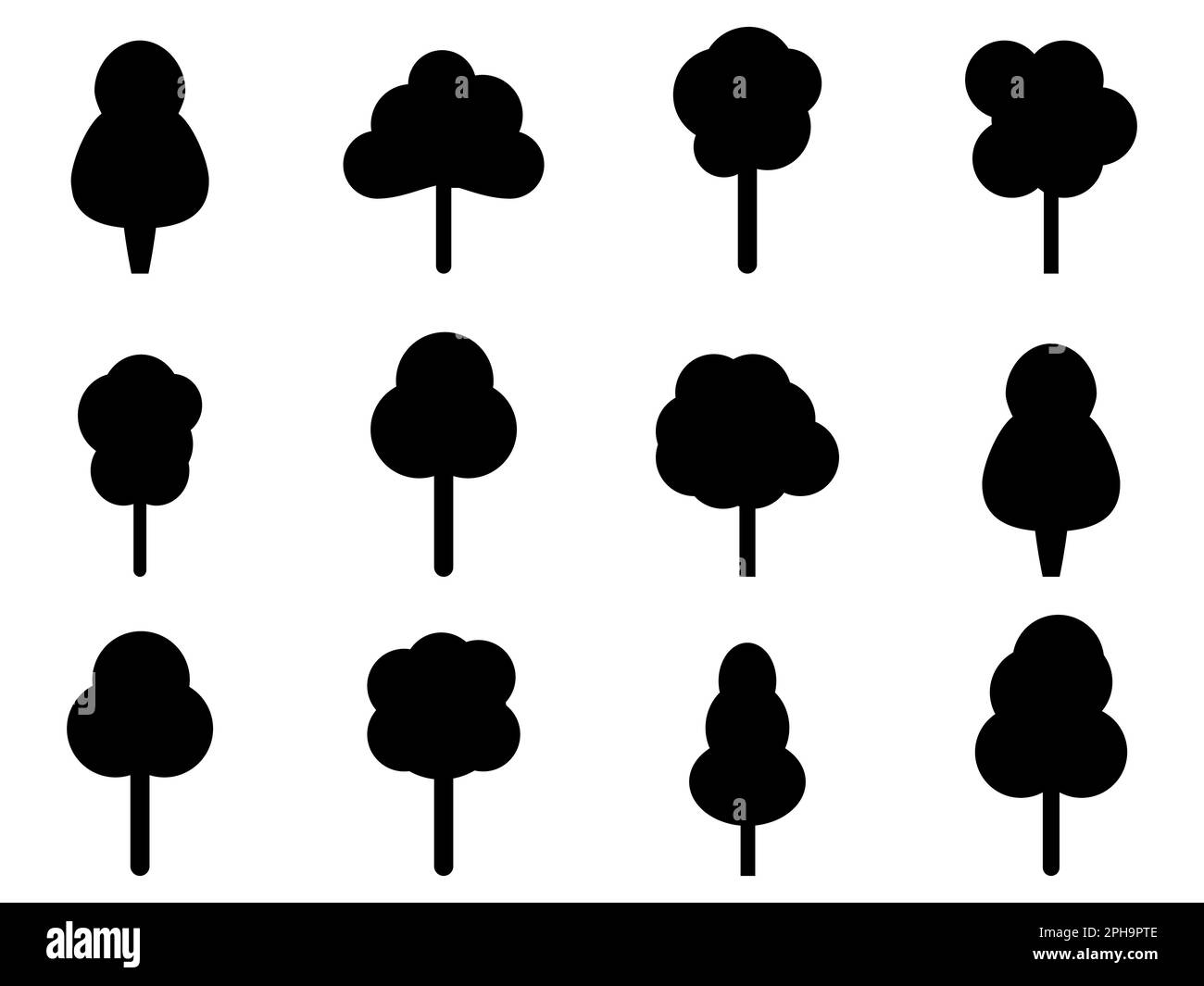 Black trees set isolated on white background. Trees with crown ...