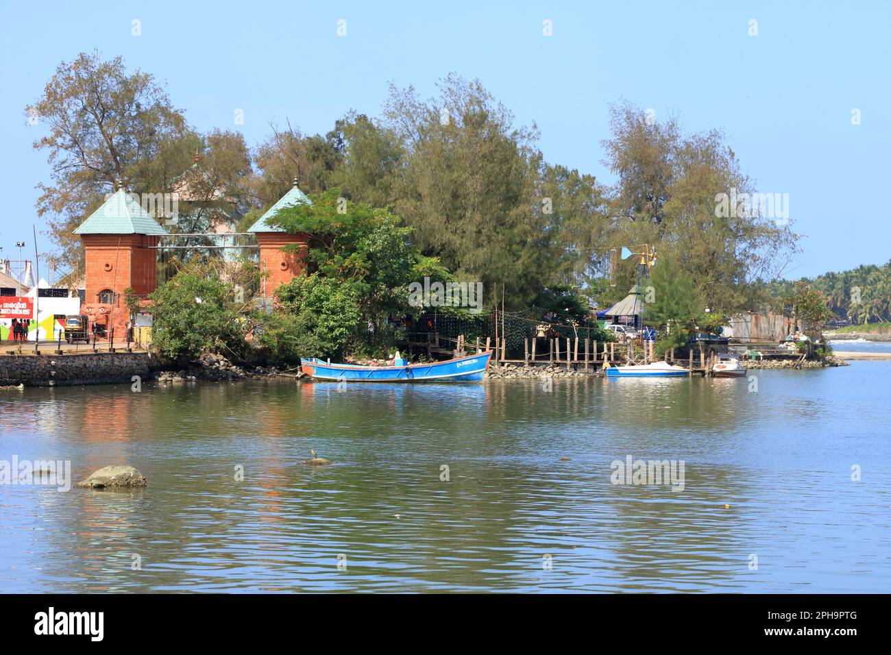 the lake and backwaters behind Dharmadam beach in Kannur, Kerala in ...