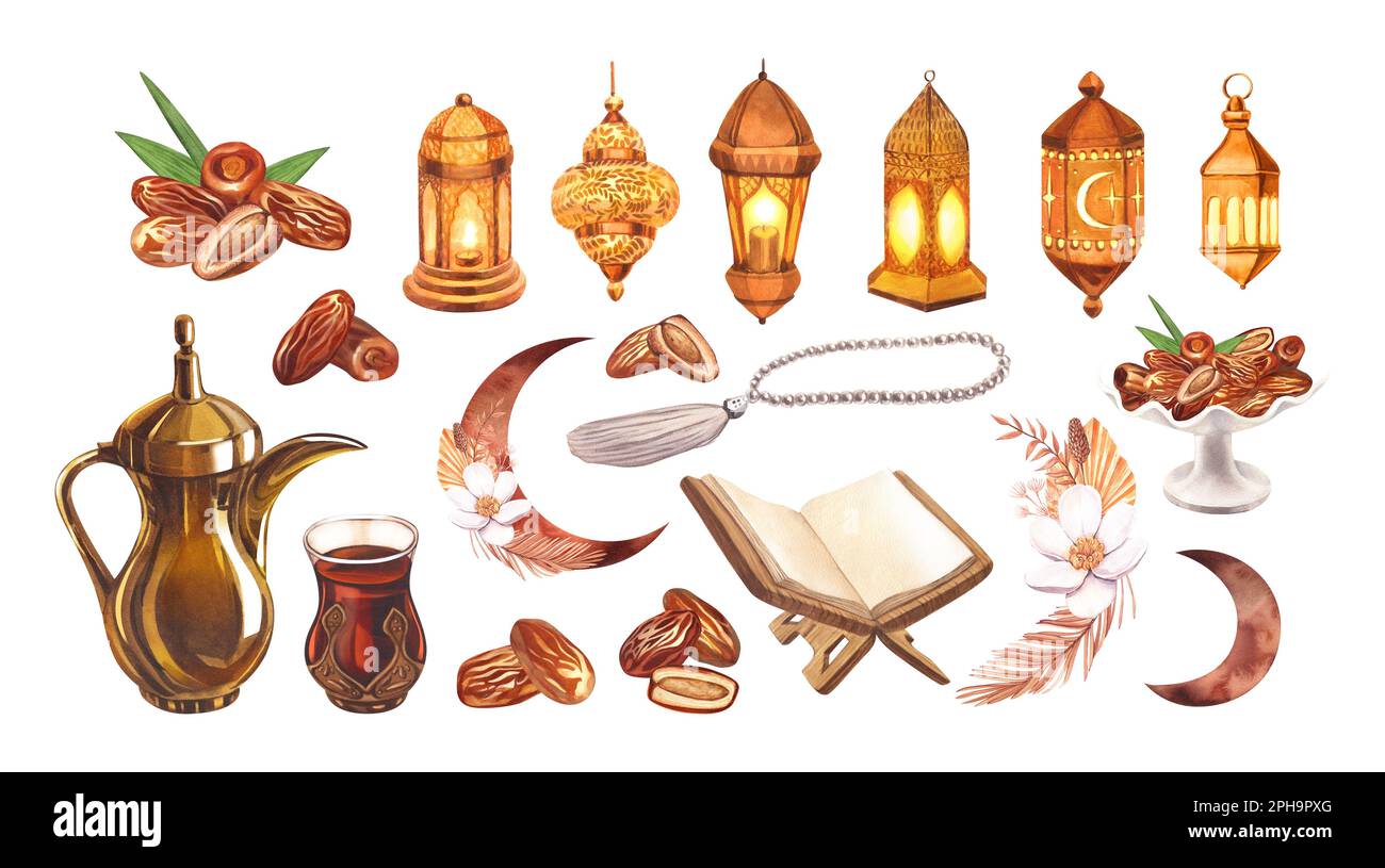 Watercolor set object ramadan. Hand-drawn illustration isolated on ...