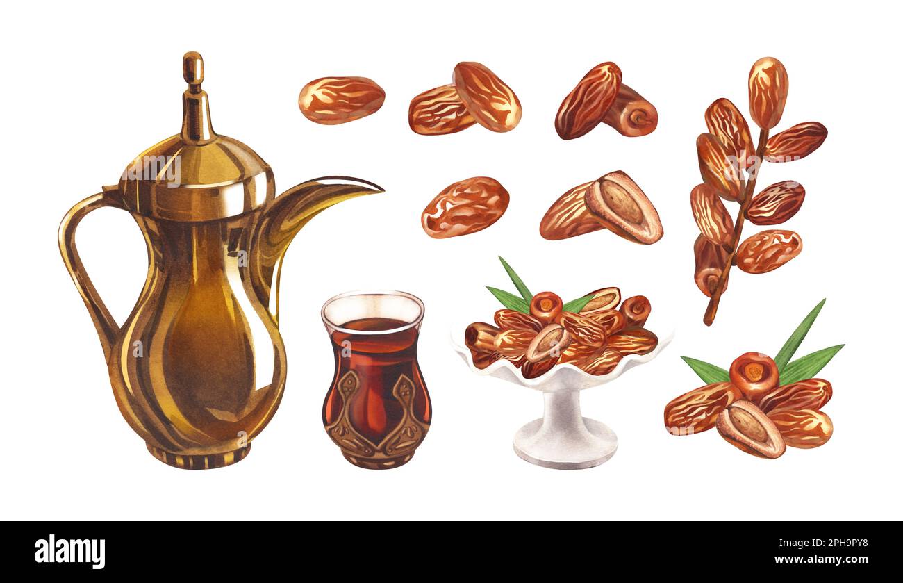 Watercolor set arabian tea pot, cup and dry palm dates fruit. Hand ...