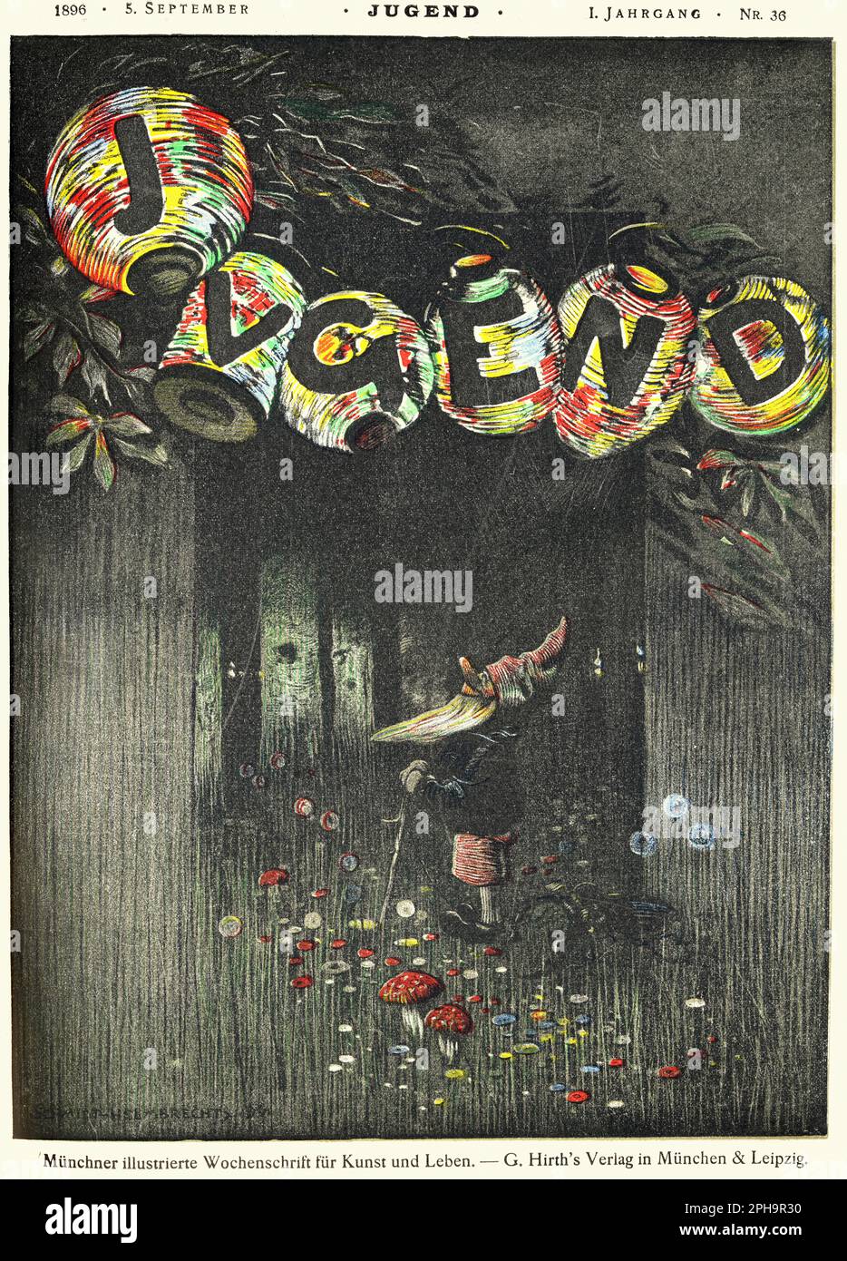 Jugend magazine cover, 1896, Jugendstil Art Nouveau, Gnome standing ...