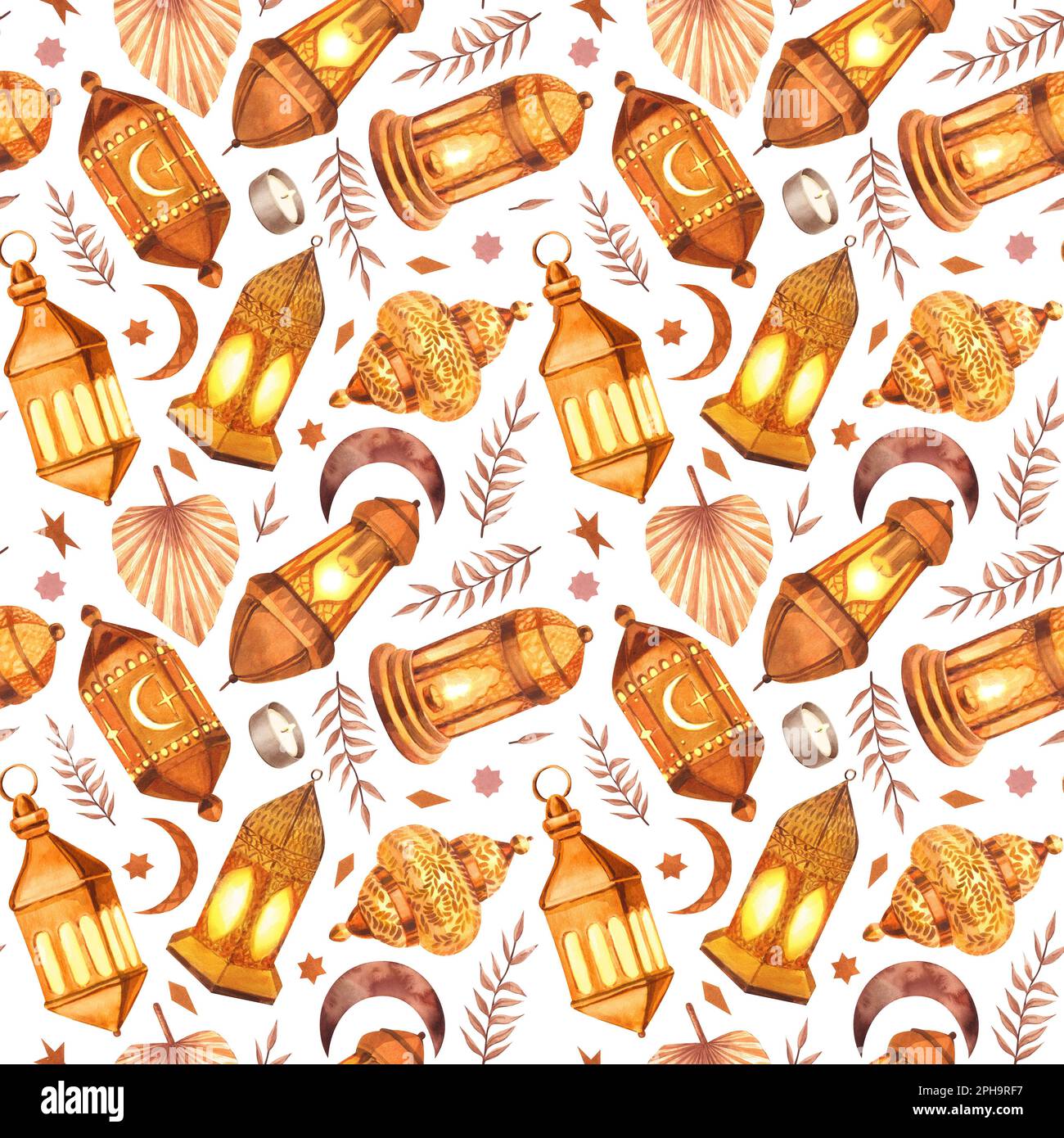 Watercolor painted seamless pattern islamic object. Hand-drawn ...