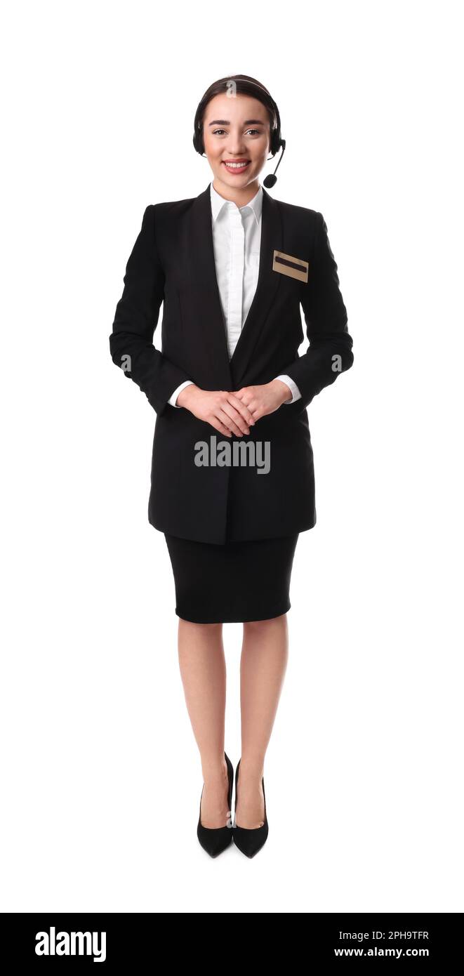Full length portrait of receptionist with headset on white background ...