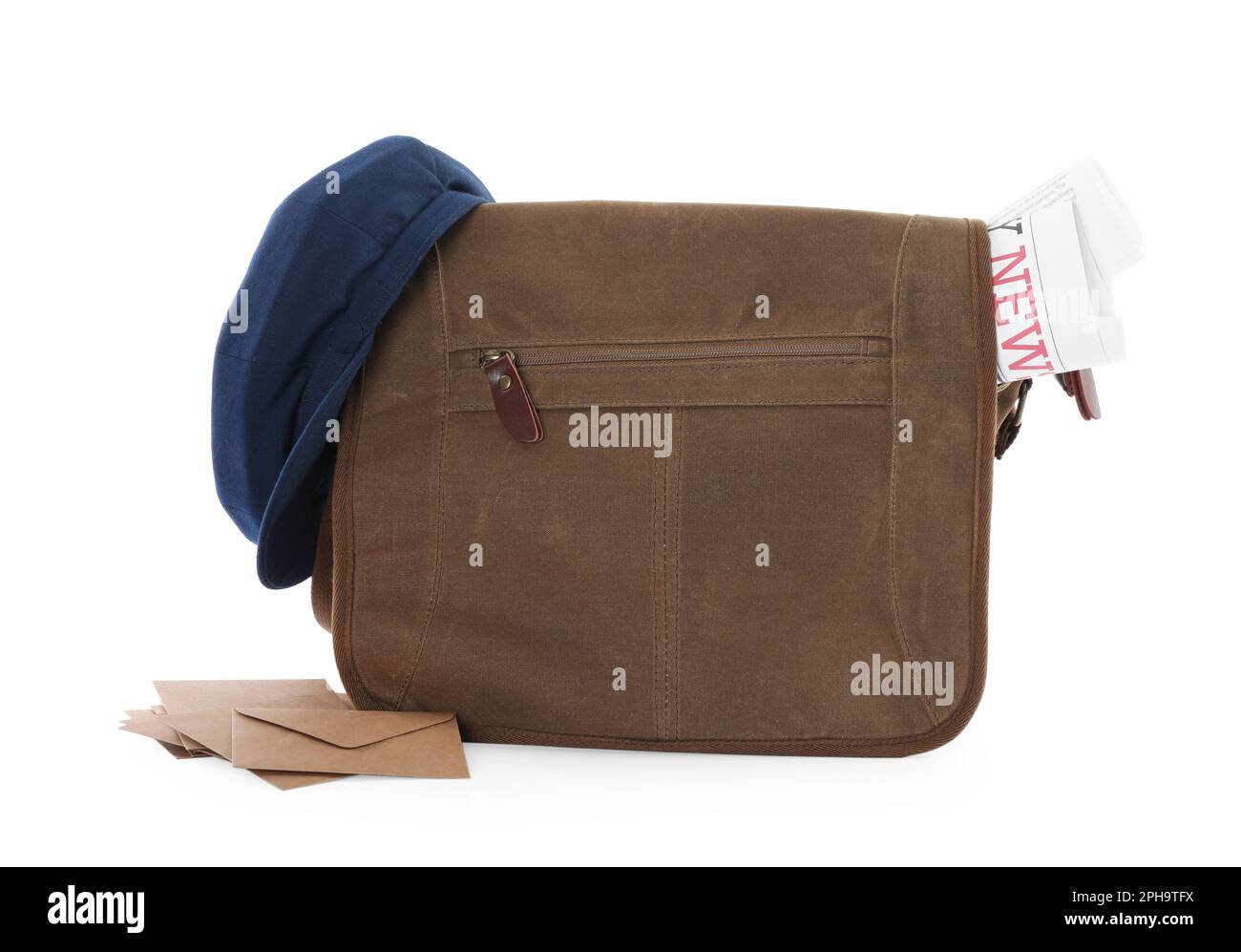 Brown postman's bag with newspapers, hat and envelopes on white ...
