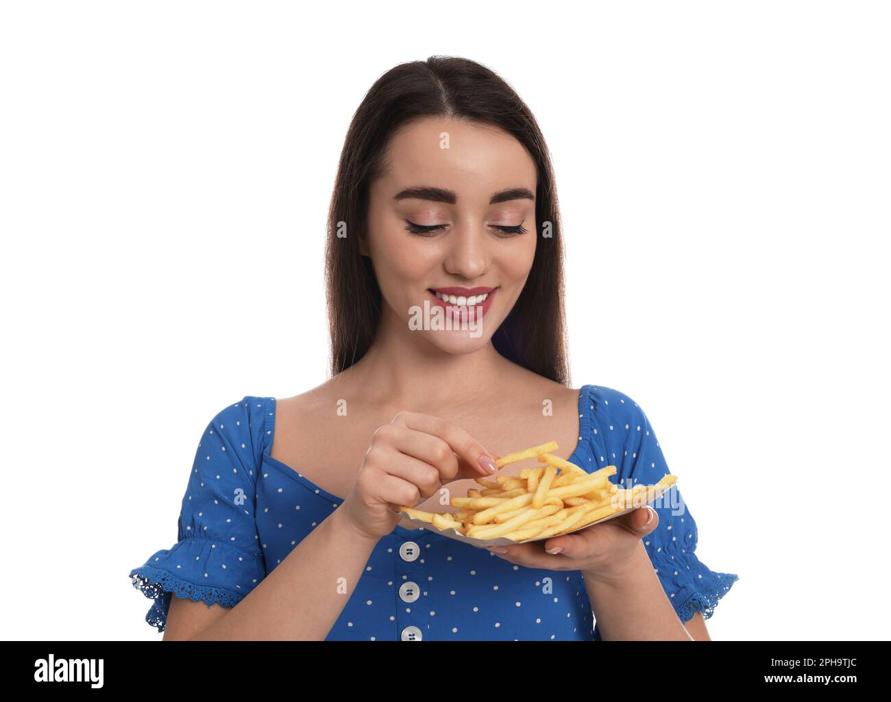 Beautiful young woman with French fries on white background Stock Photo ...