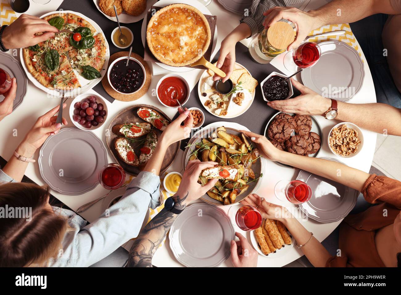 Group of people having brunch together at table indoors, top view Stock ...