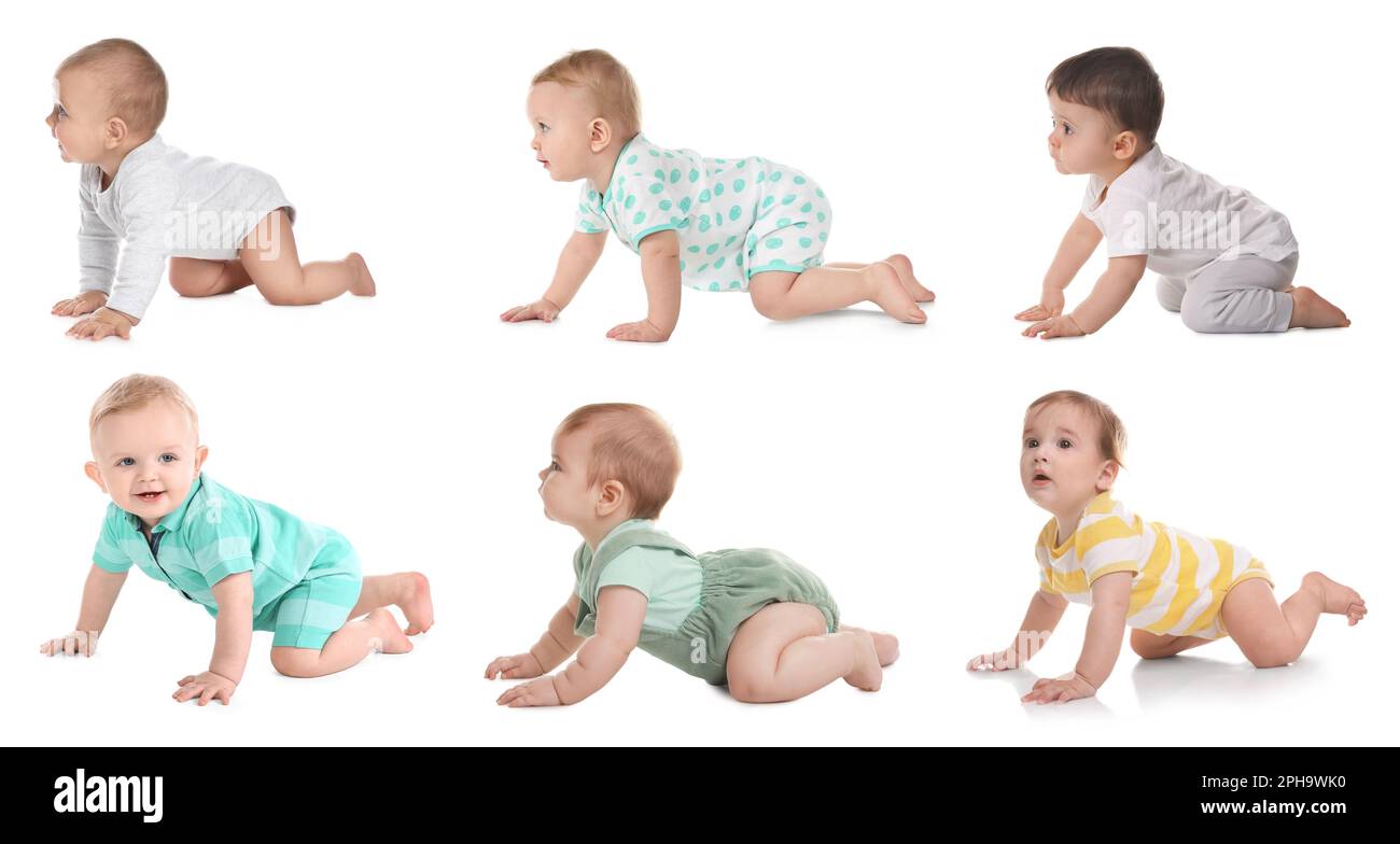 Collage with photos cute little babies crawling on white background ...