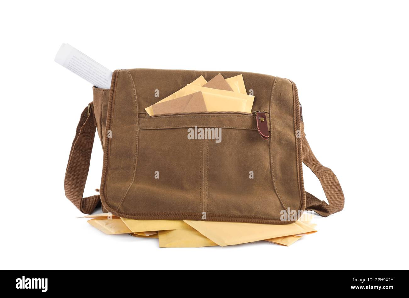 Brown postman's bag with envelopes and newspaper on white background ...