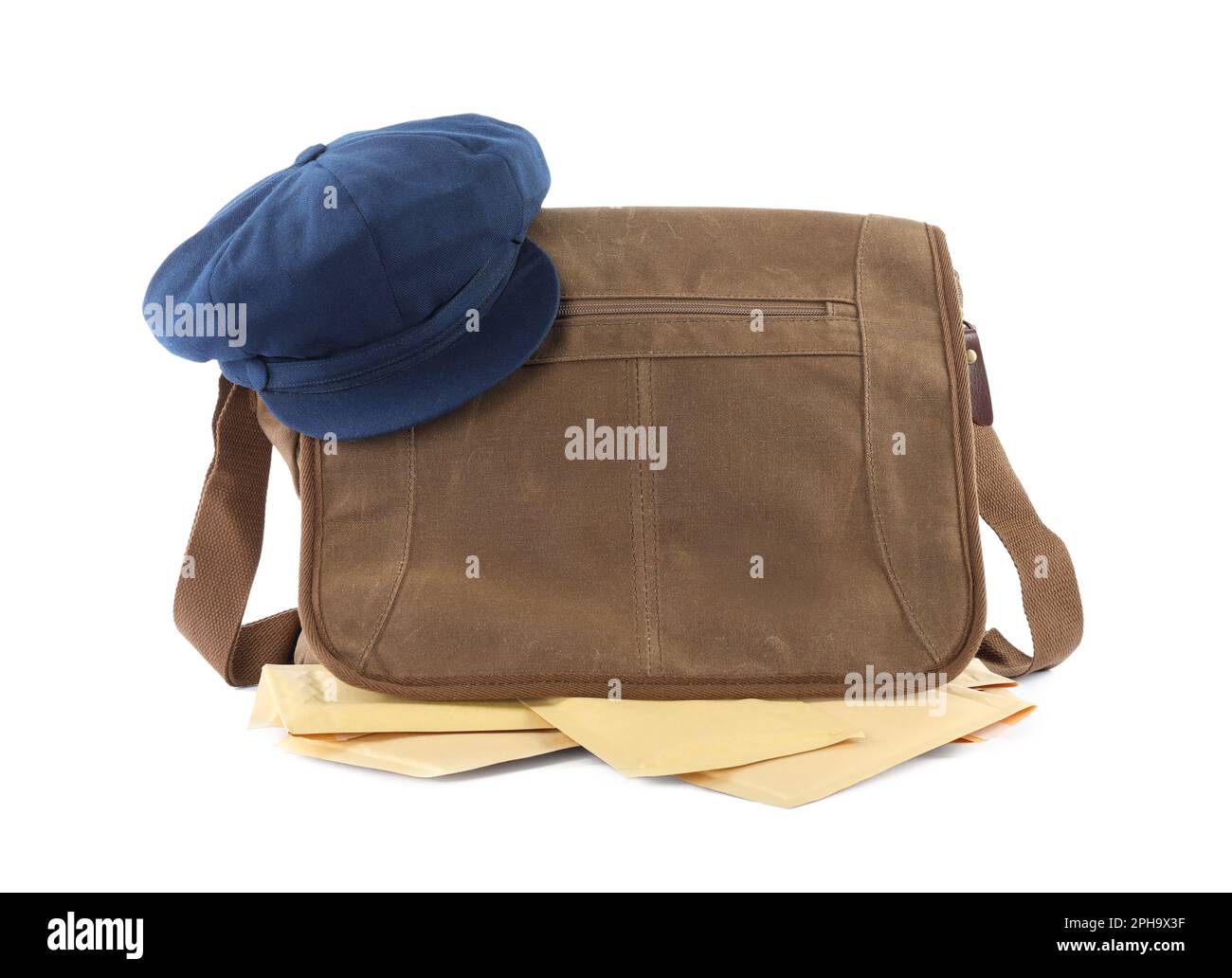 Brown postman's bag, envelopes and hat on white background Stock Photo ...