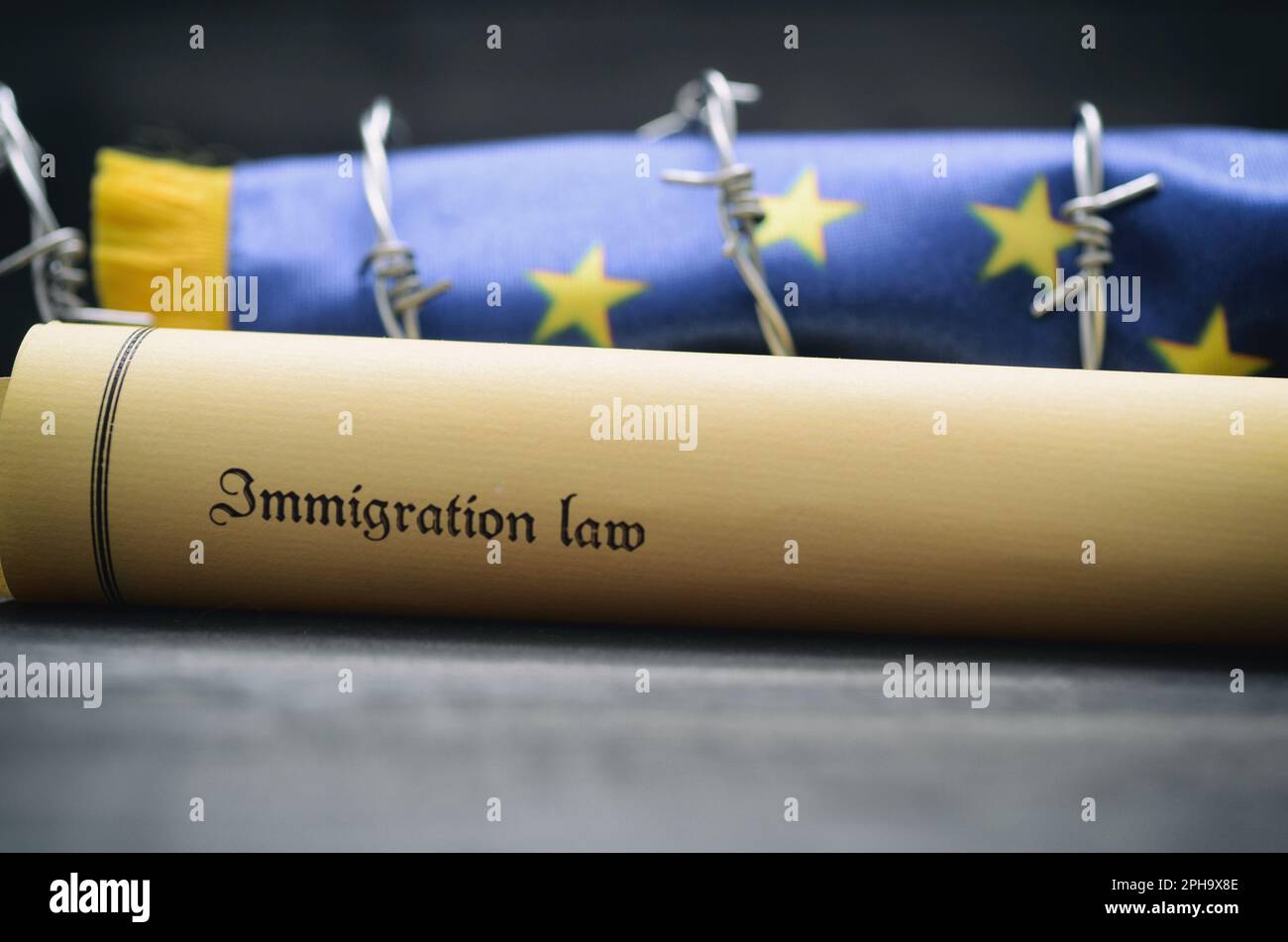 European Union flag, barbed wire and Immigration Law on black wooden ...