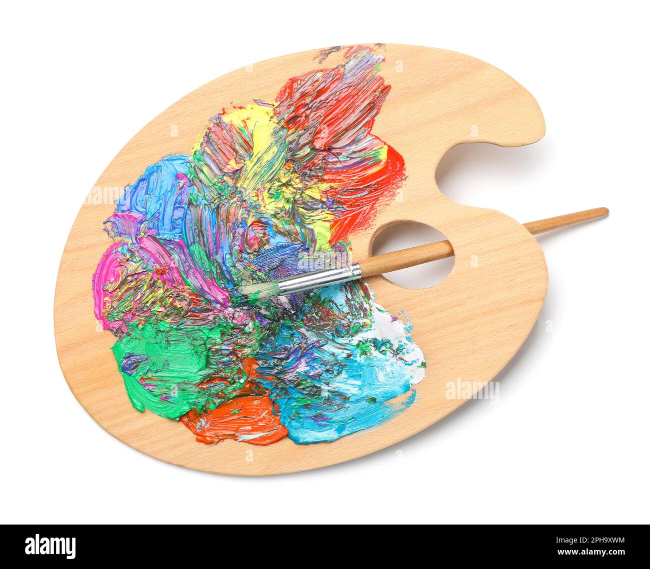 Palette with paints and brush on white background, top view. Artist ...