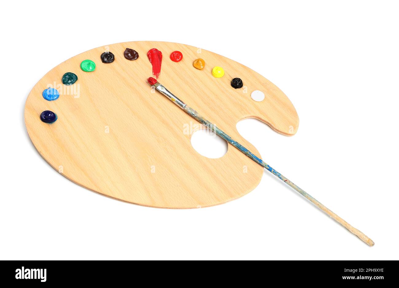 Palette with paints and brush on white background. Artist equipment ...