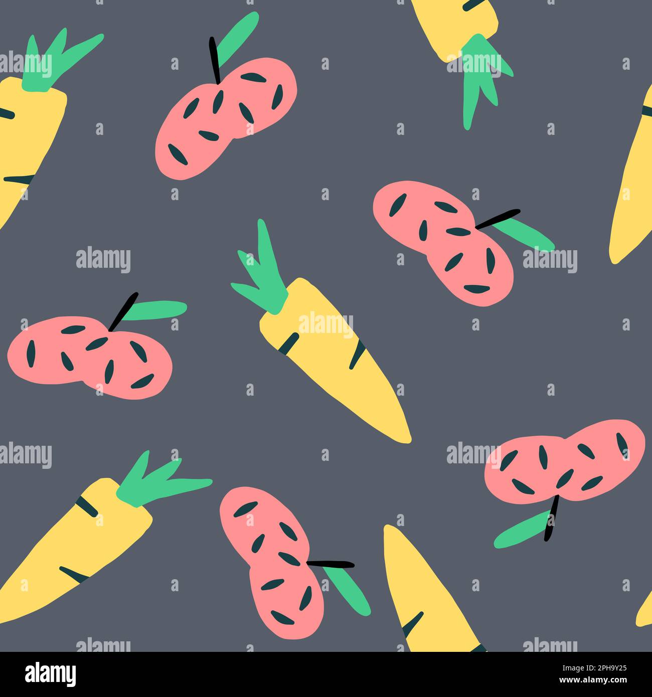 Yellow carrots and red dotted apples on dark background seamless ...