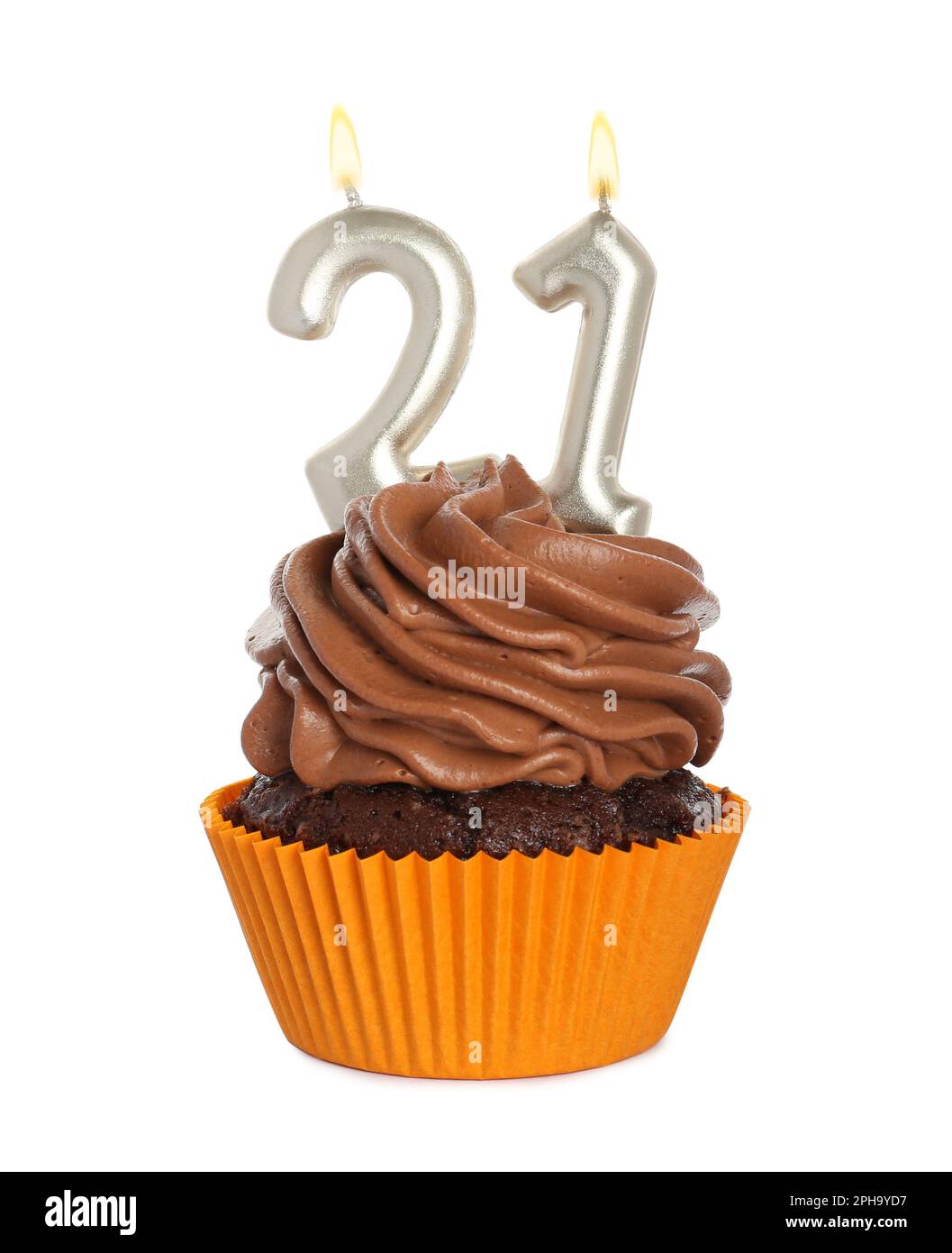 Delicious cupcake with number shaped candles on white background ...