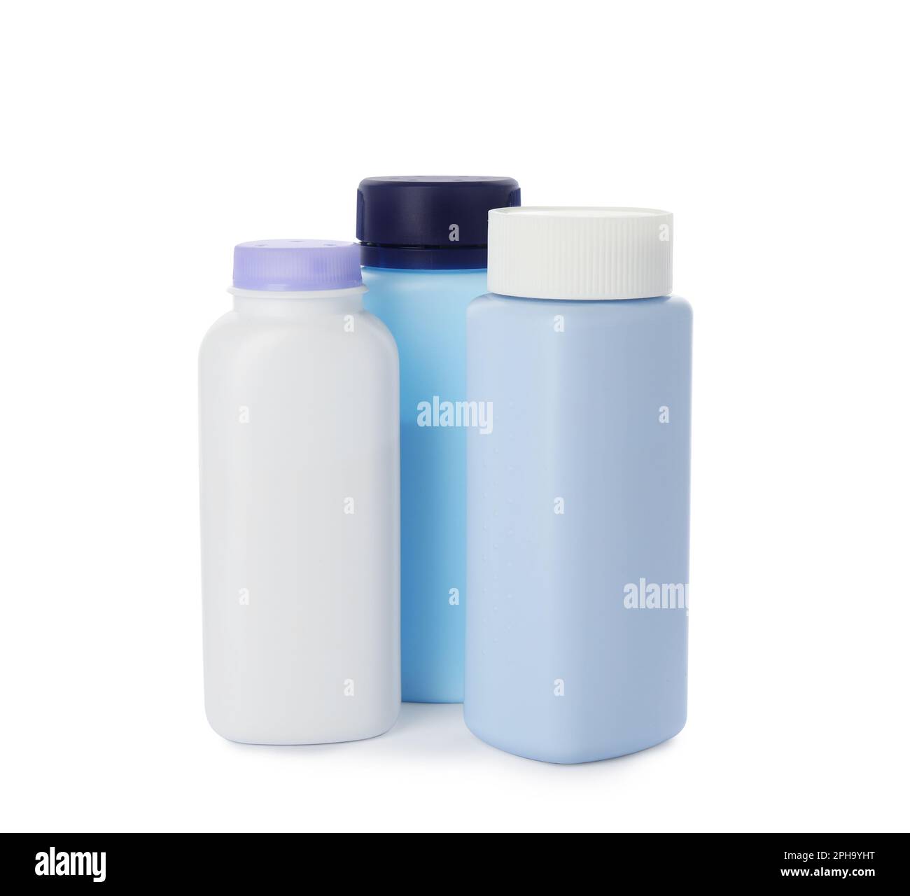 Bottles of dusting powder on white background, space for design. Baby ...