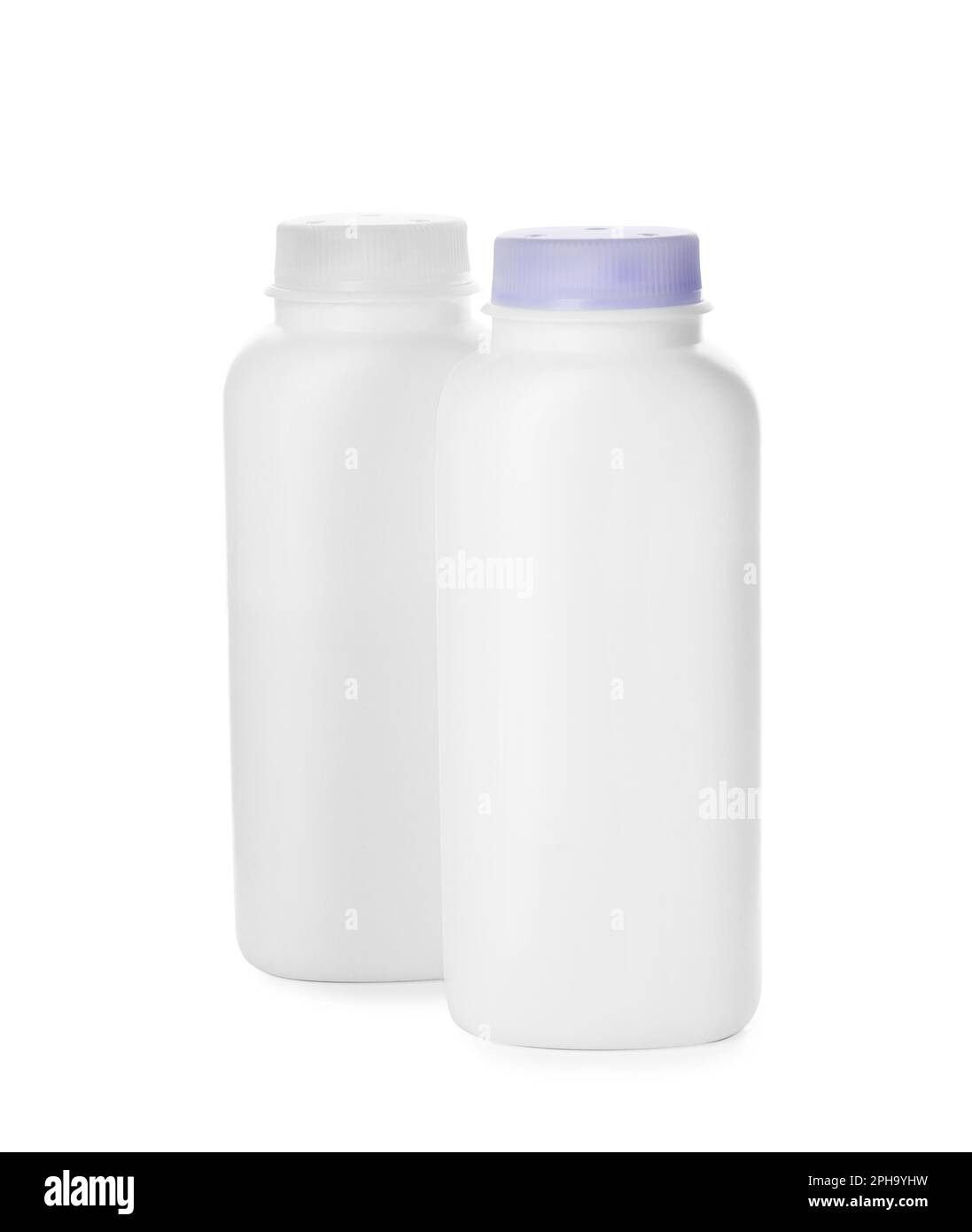 Bottles of dusting powder on white background, space for design. Baby ...