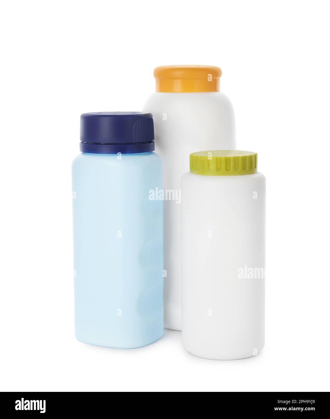 Bottles of dusting powder on white background, space for design. Baby ...