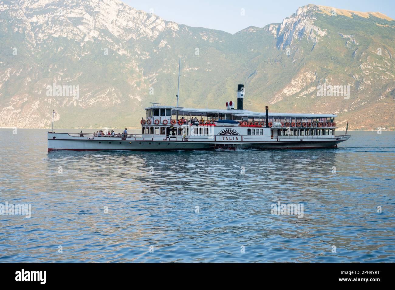 Paddle steamer Italia calls at Limone Sul Garde, a popular town on the ...