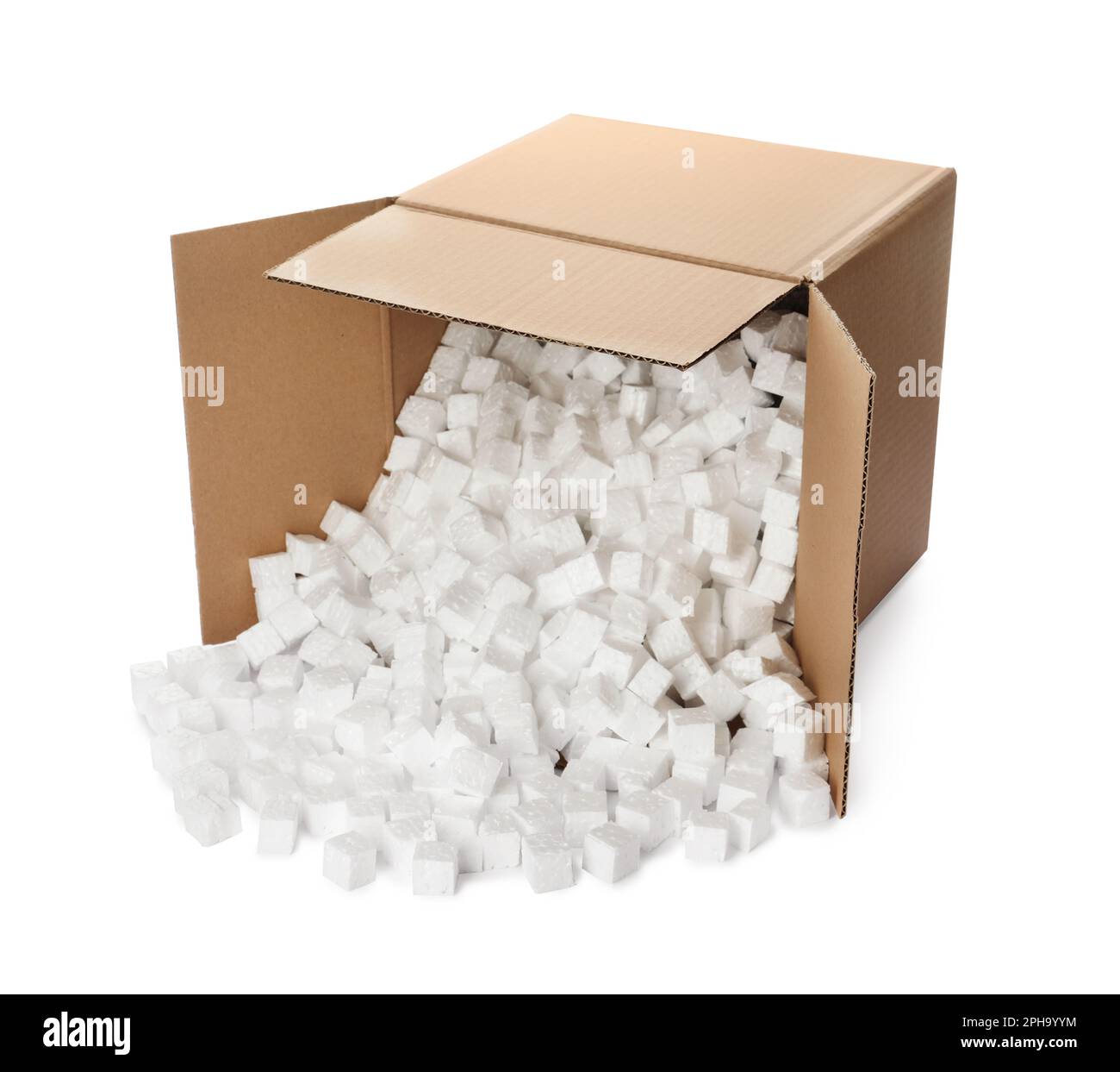 Overturned cardboard box with styrofoam cubes on white background Stock ...