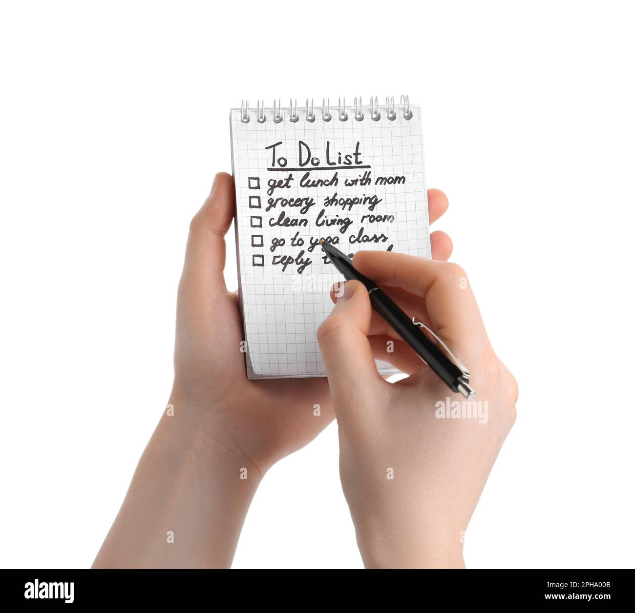 Woman checking to do list on white background, closeup Stock Photo - Alamy