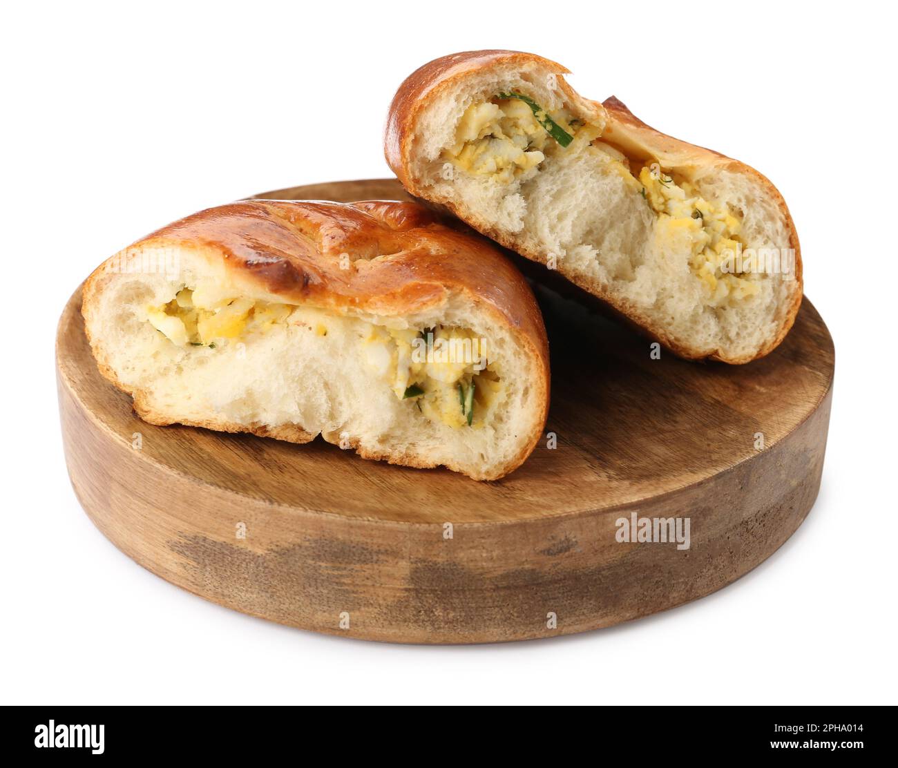 Delicious baked patty with egg on white background Stock Photo - Alamy