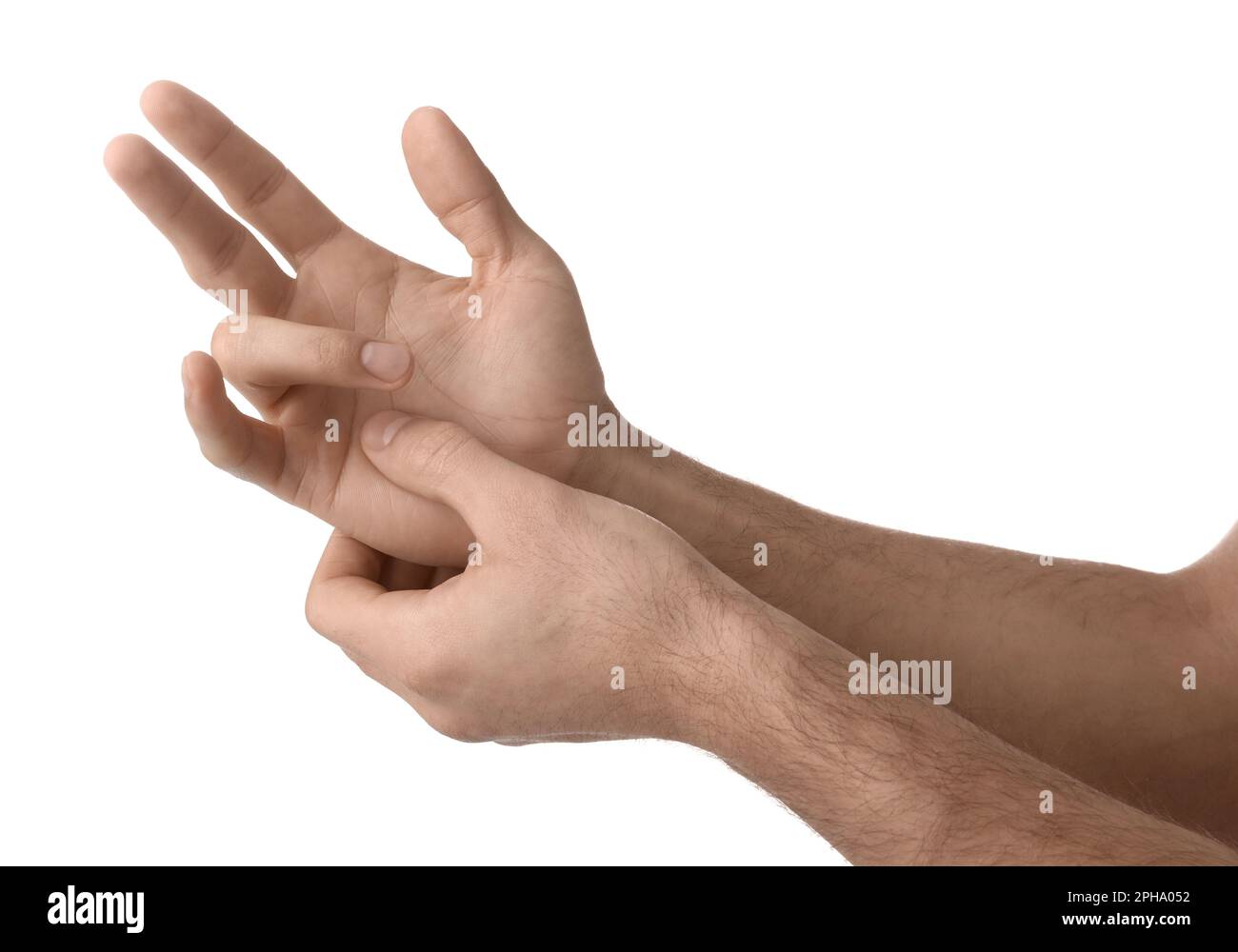 Man With Trigger Finger Condition On White Background Closeup Stock