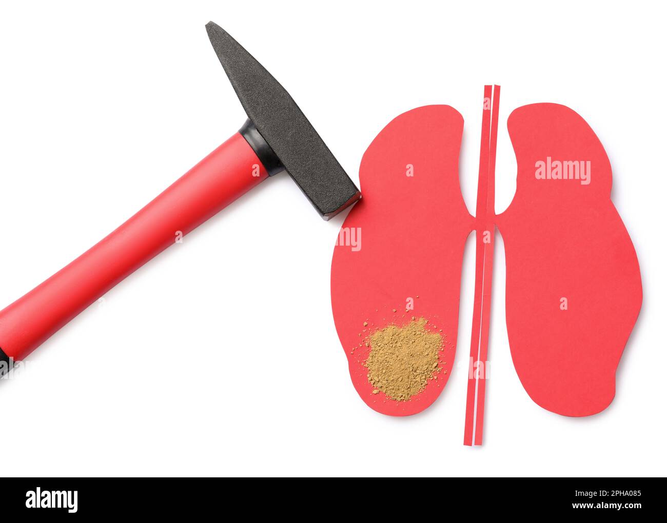 Paper cutout with sand and hammer on white background, top view. Kidney ...