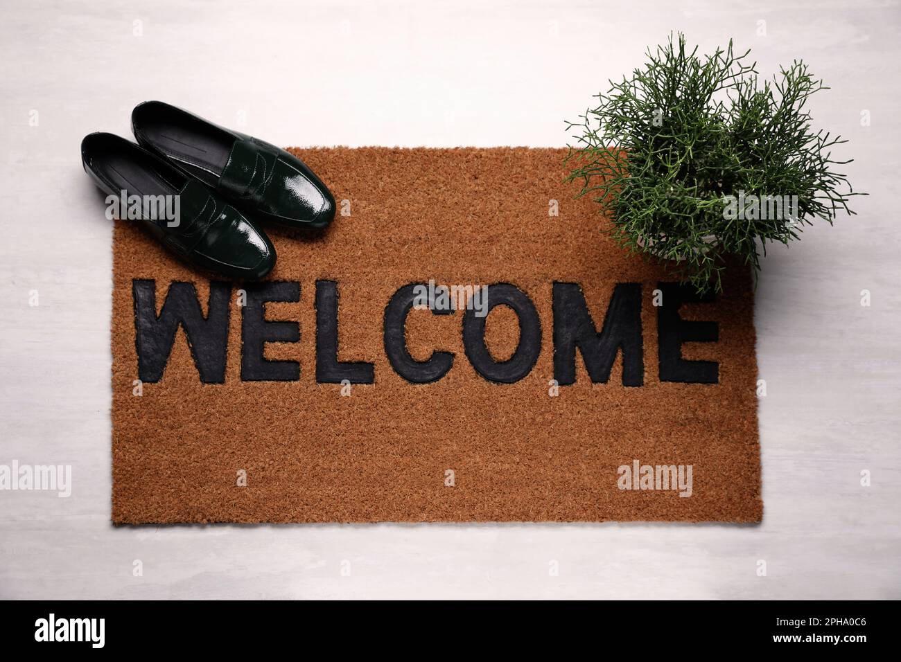 New clean mat with word WELCOME, shoes and plant on floor, top view ...