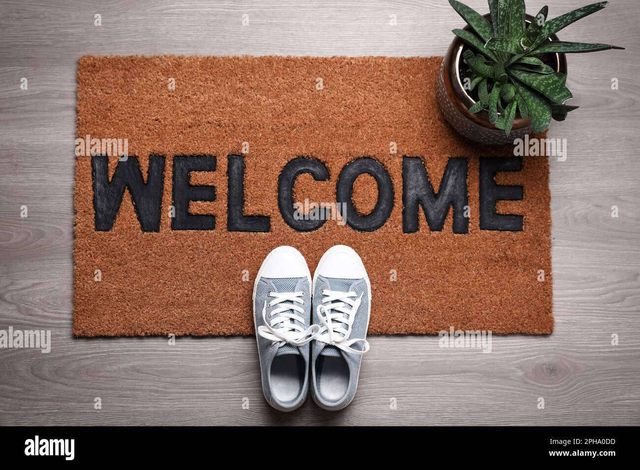 New clean mat with word WELCOME, shoes and plant on floor, top view ...