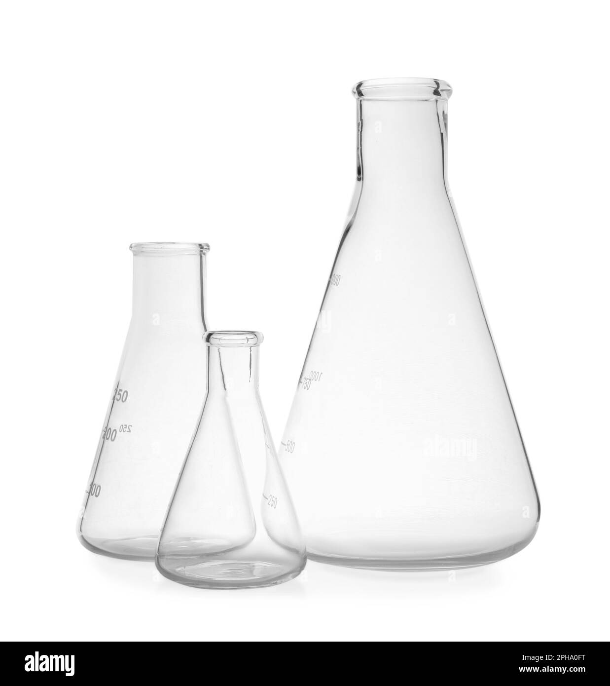 Empty flasks on white background. Laboratory equipment Stock Photo - Alamy