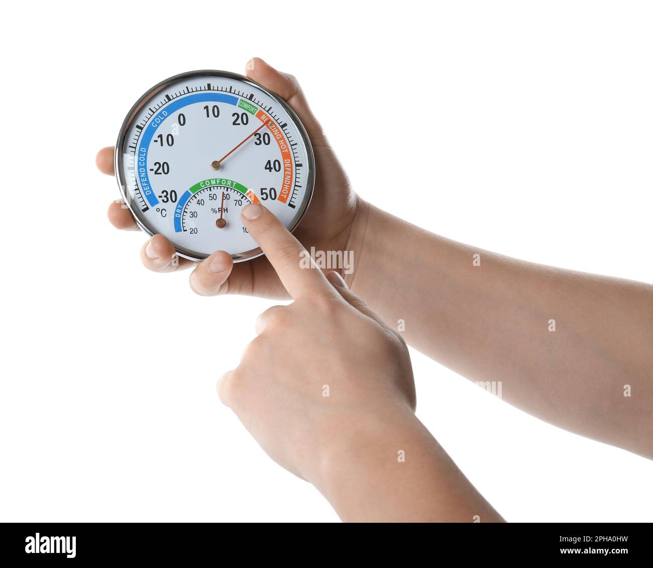 Woman holding dial hygrometer on white background, closeup Stock Photo ...