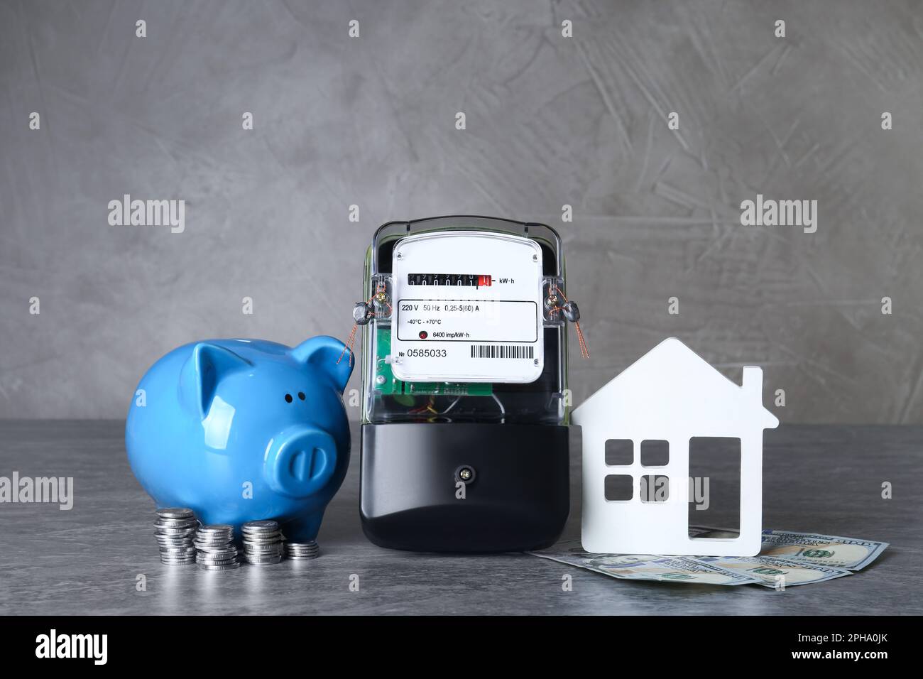 Electricity meter, piggy bank, house model and dollar banknotes on grey ...