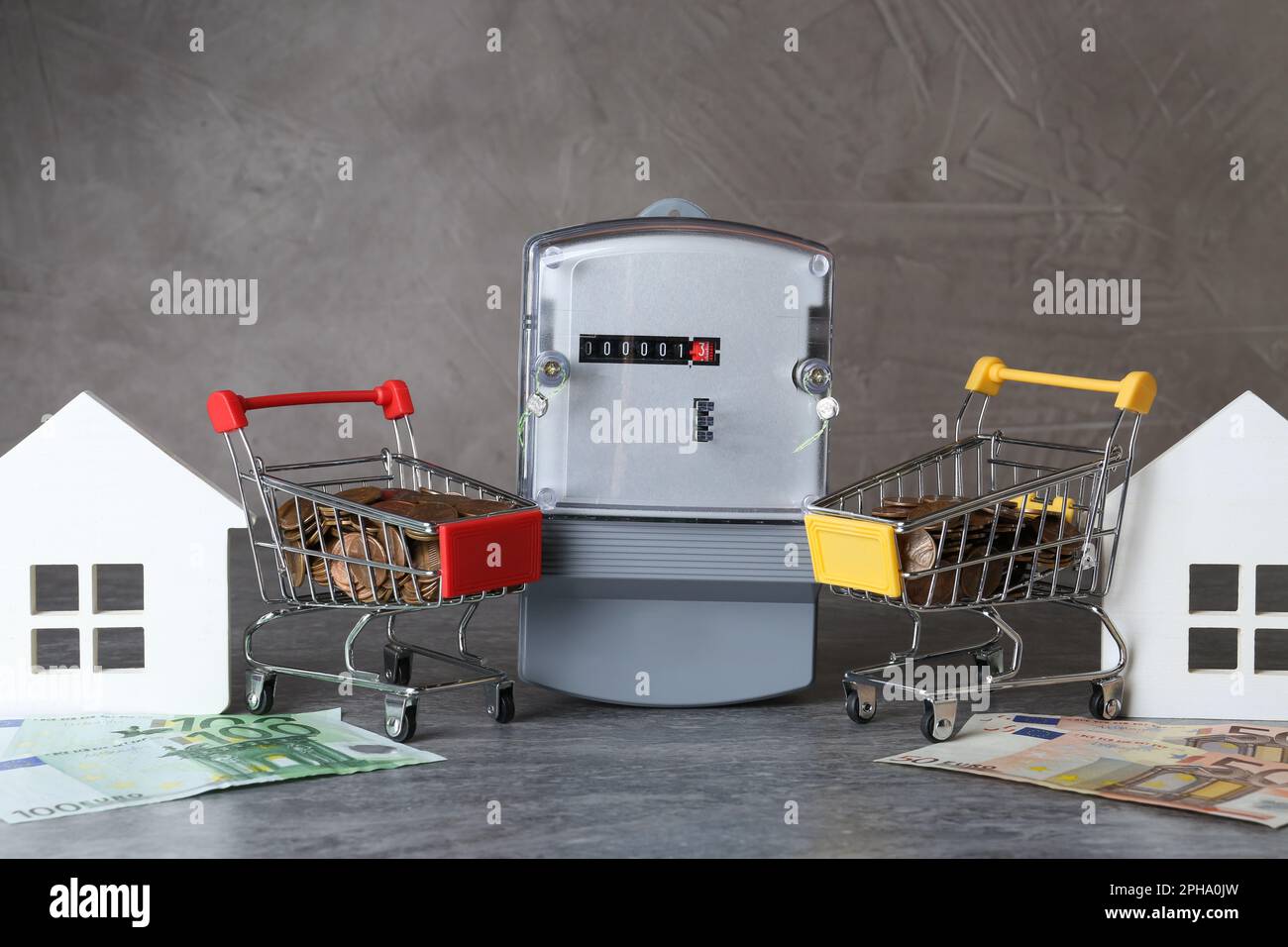 Electricity meter, house models, small shopping carts with coins and ...