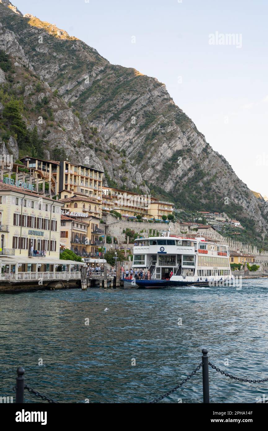 Ferry boat 'Brennero' sailing into Limone on Lake Garda in Italy Stock ...