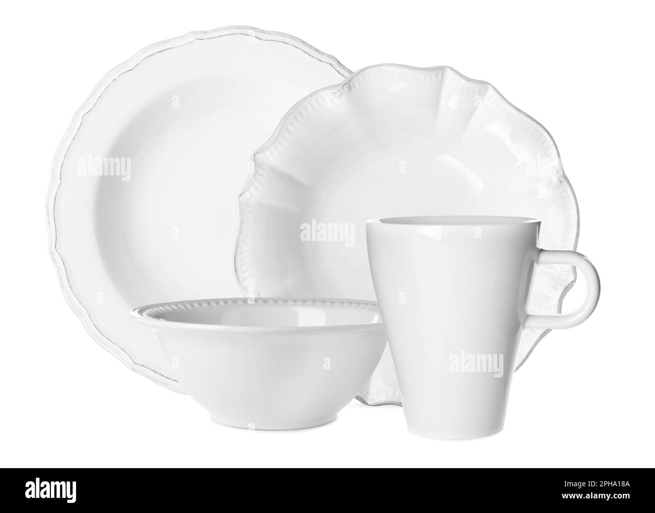 Set of beautiful ceramic dinnerware on white background Stock Photo - Alamy