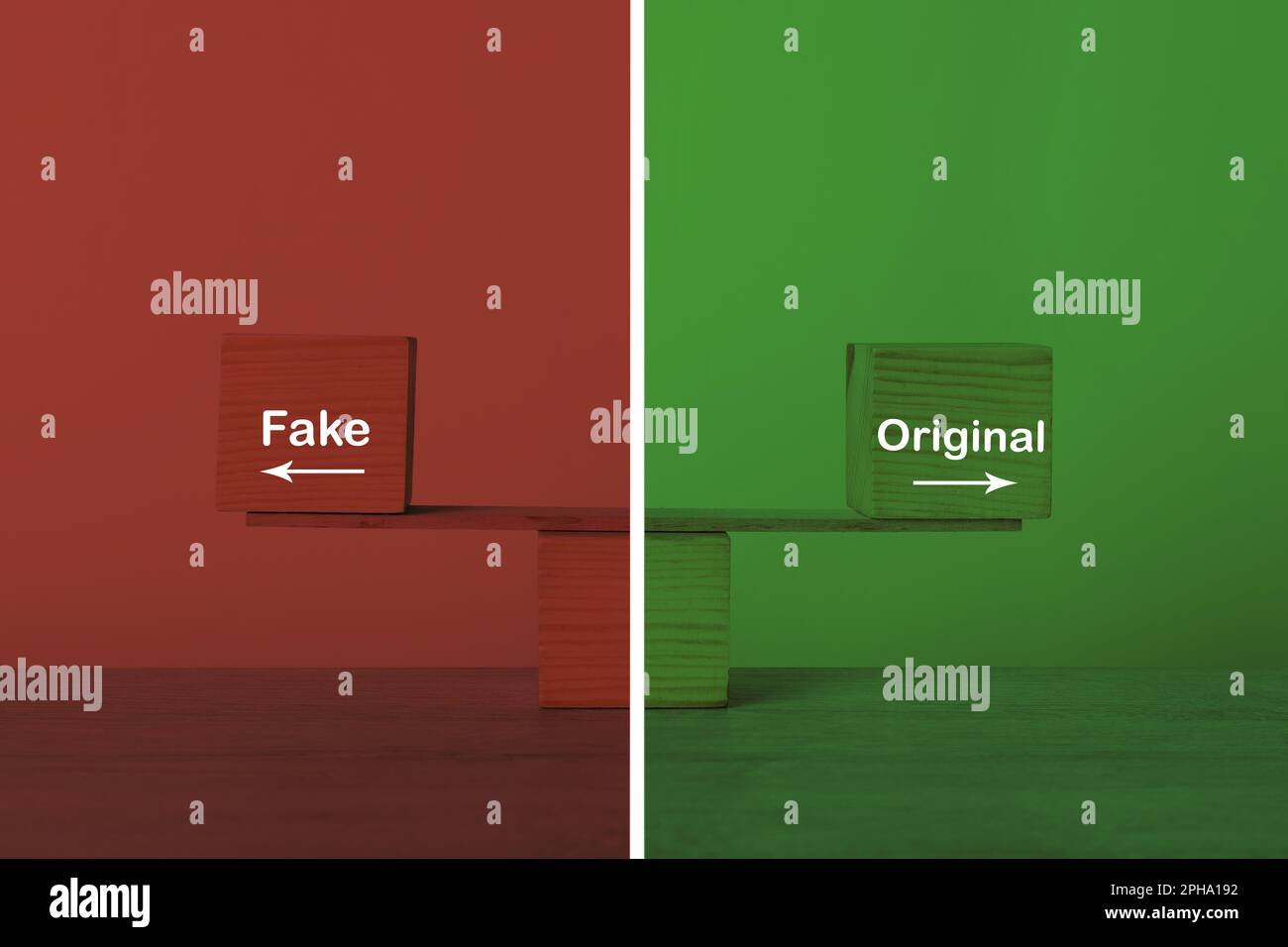 Wooden cubes with words Fake and Original on plank against color ...