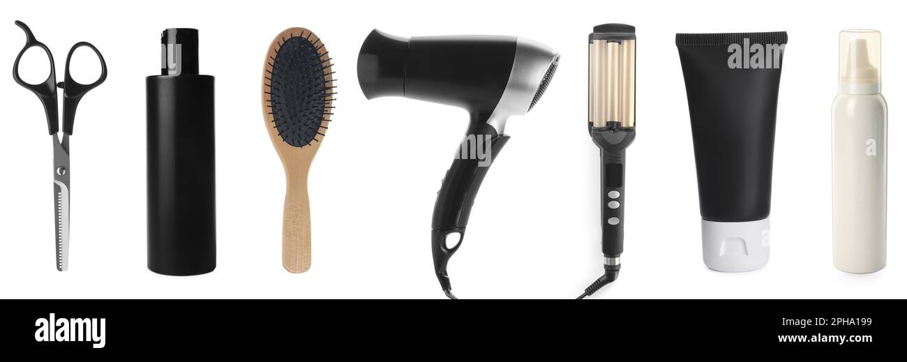 Set with professional hairdresser tools and cosmetic products on white ...