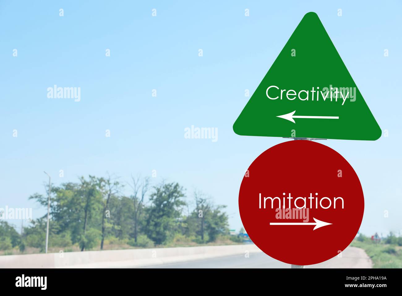 Direction sIgns with words Creativity and Imitation outdoors, space for ...