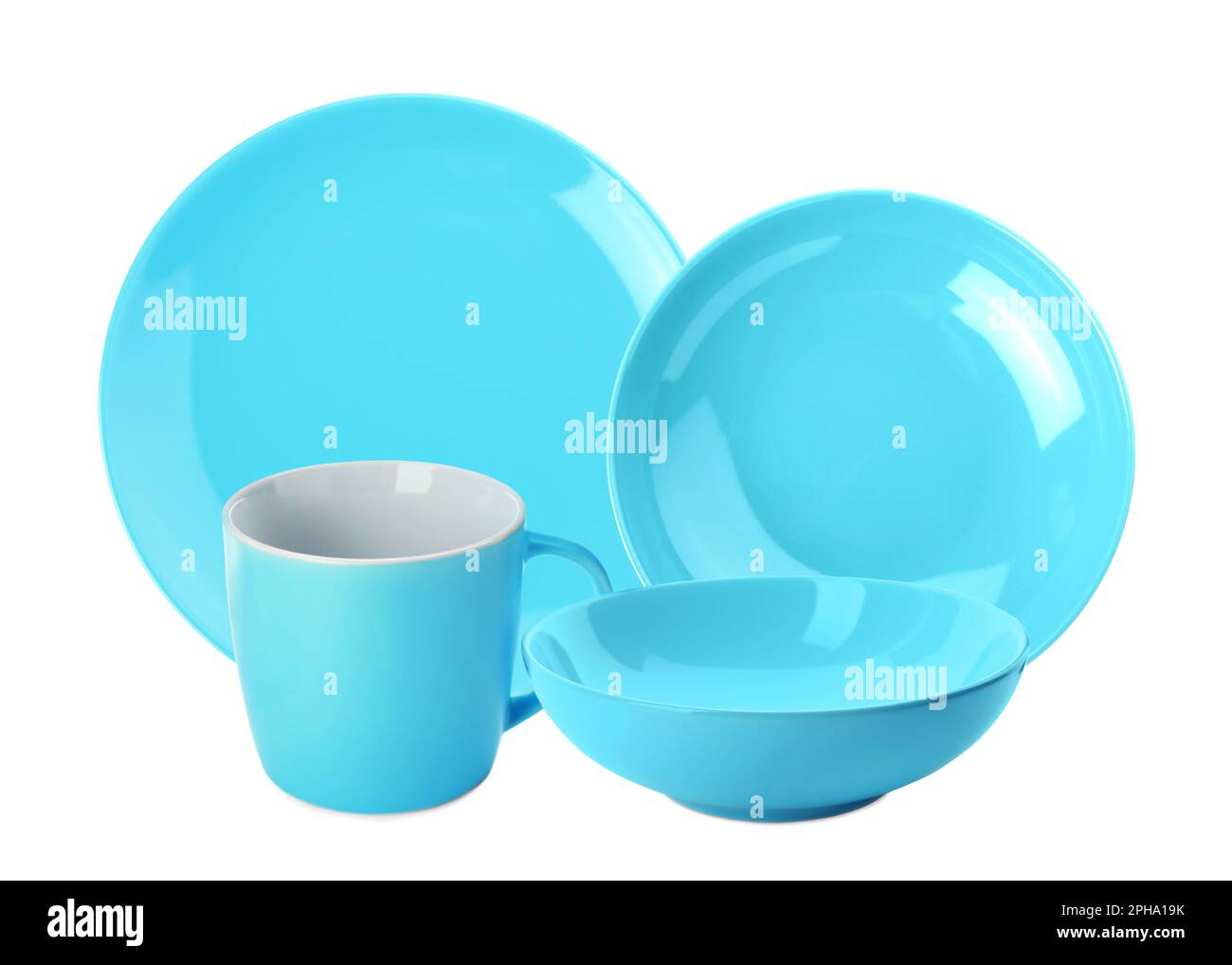 Set of beautiful turquoise dinnerware on white background Stock Photo ...