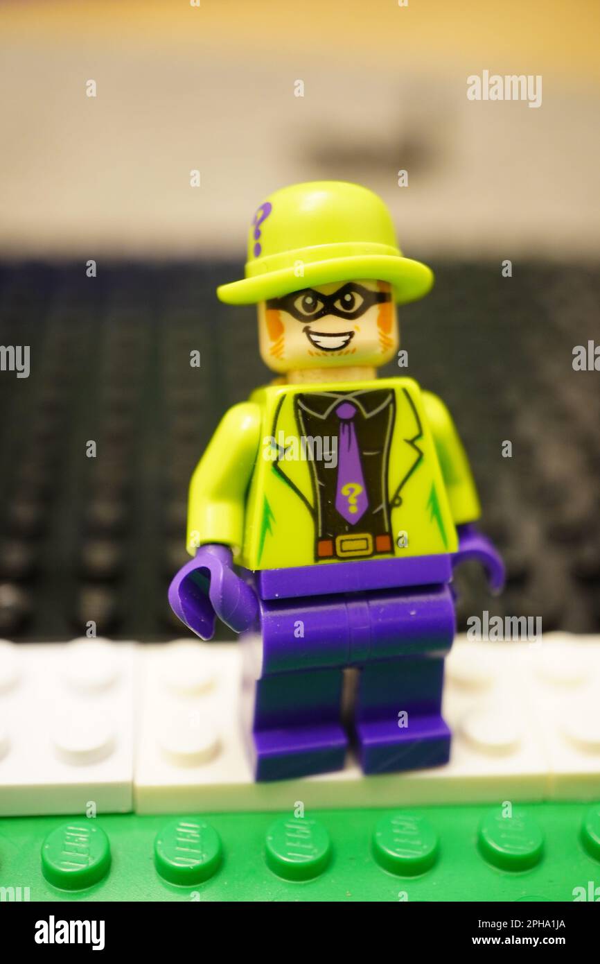 A closeup of a Lego city the Riddler minifigure toy Stock Photo - Alamy