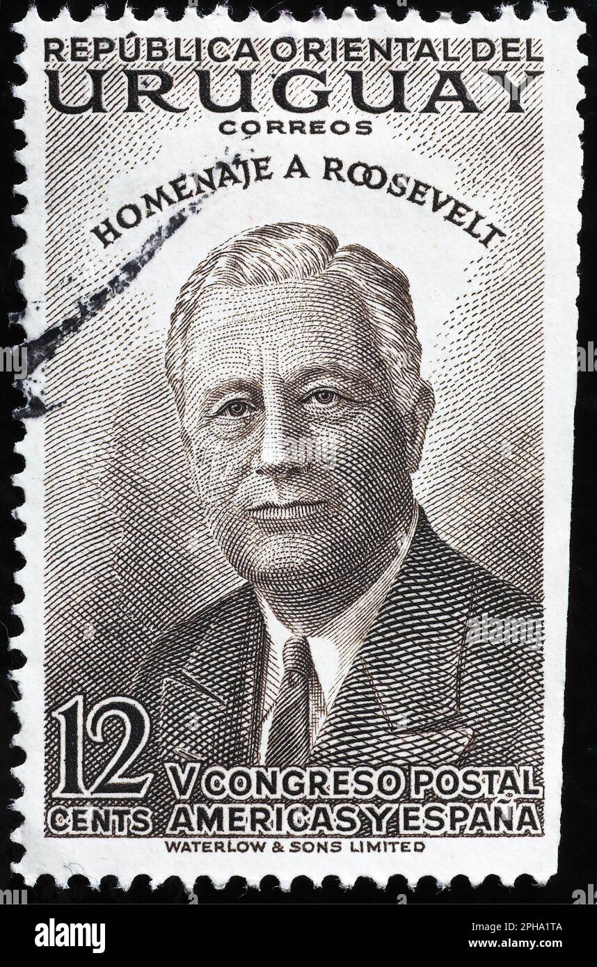 Beautiful portrait of Franklin D. Roosevelt on old stamp from Uruguay ...