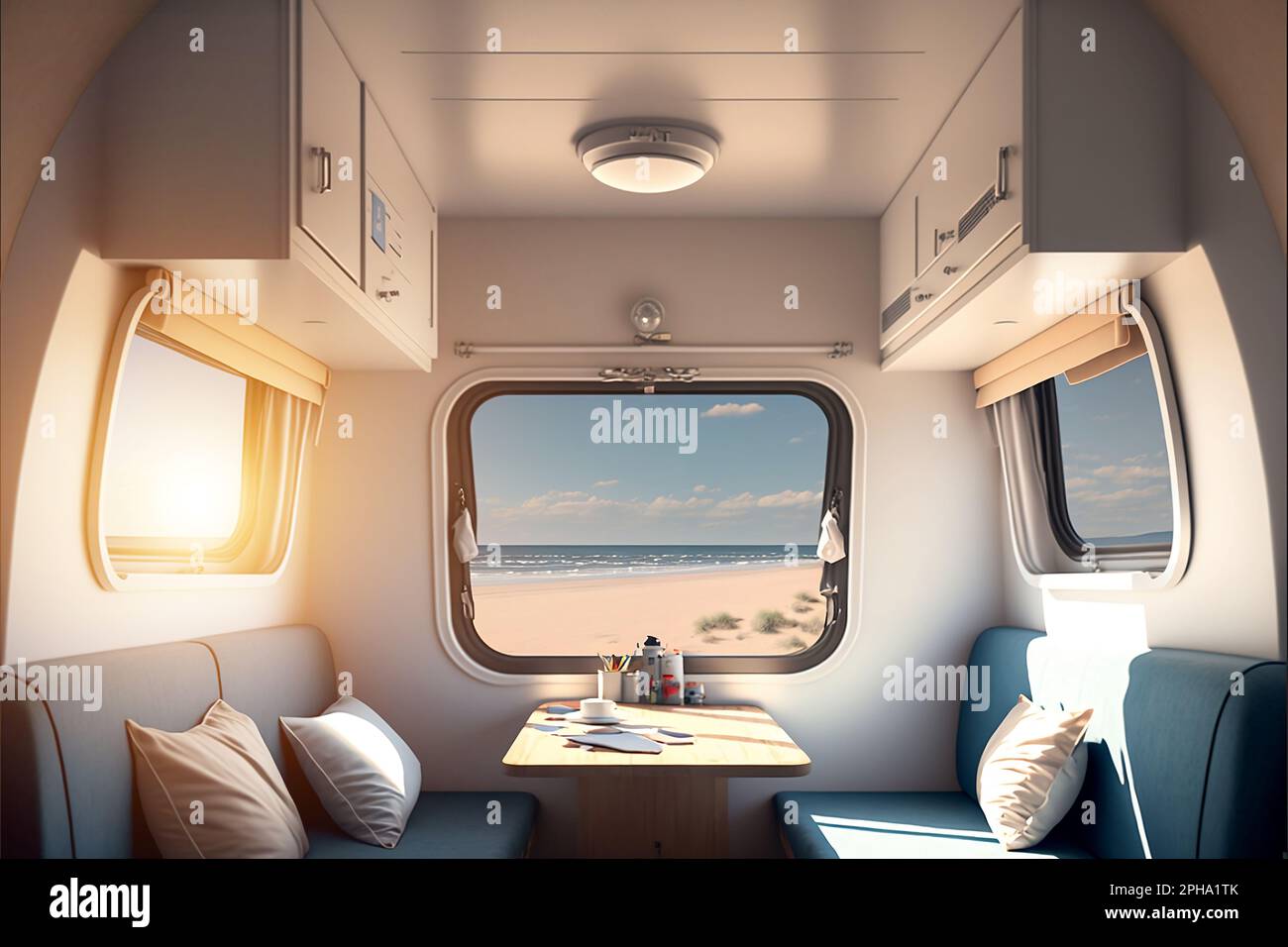 Campervan and nice landscape outside. View inside of a campervan ...