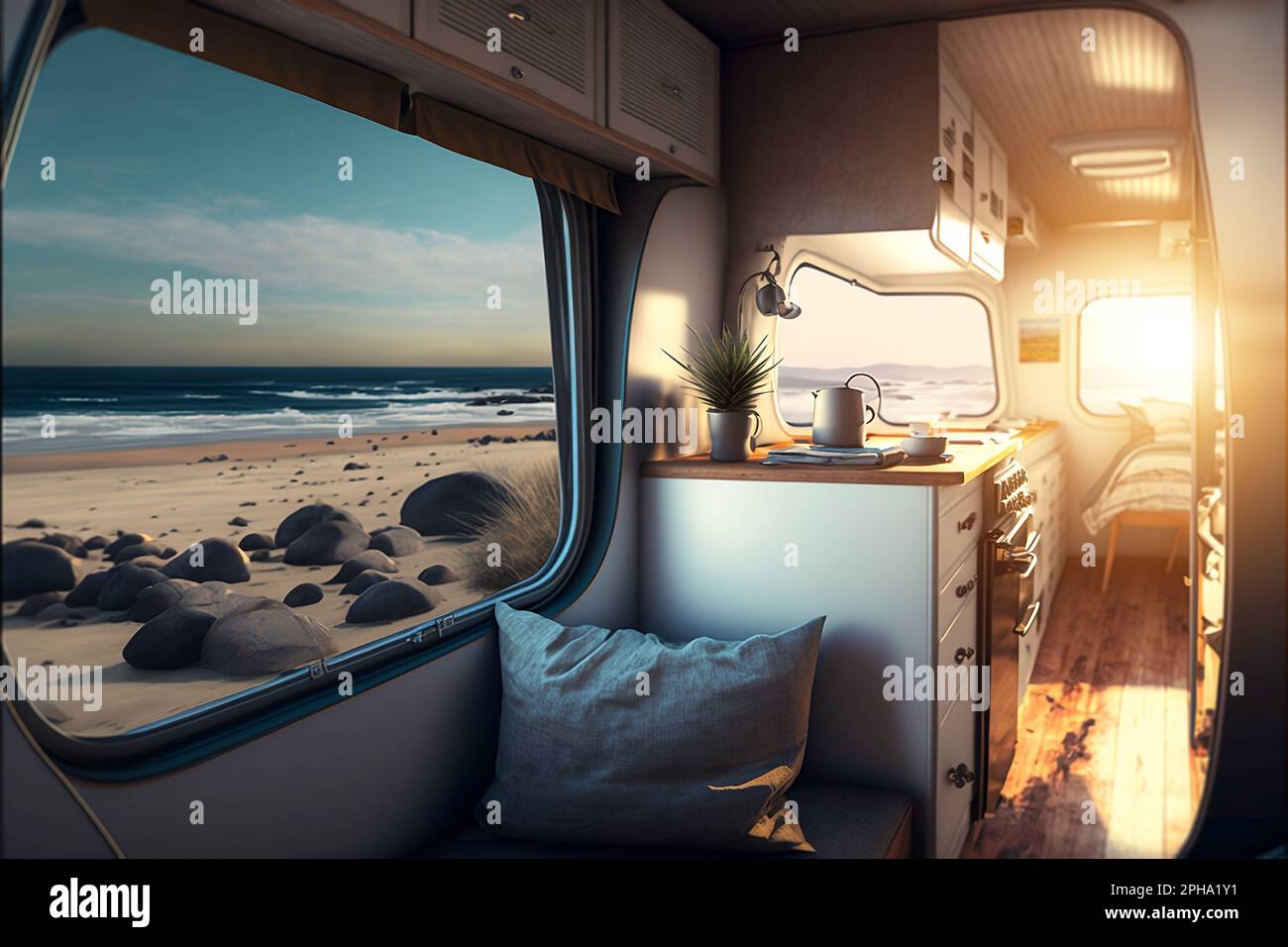 Campervan and nice landscape outside. View inside of a campervan ...